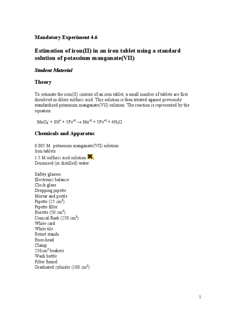 Estimation of Iron (II) in An Iron Tablet Using A Standard Solution of ...