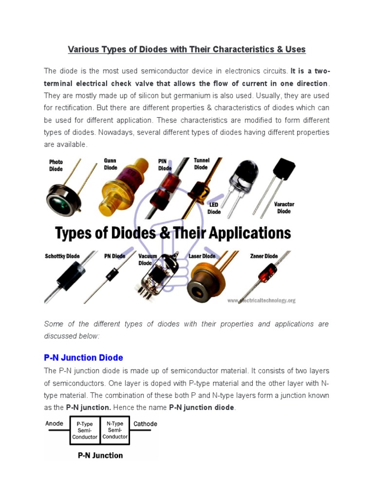 Various Types of Diodes With Their Characteristics & Uses | PDF | Diode | P–N Junction