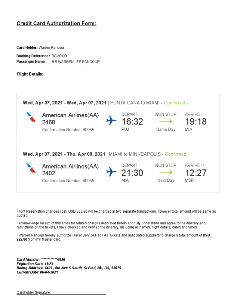 American Airlines (AA) 2468: Credit Card Authorization Form | PDF ...