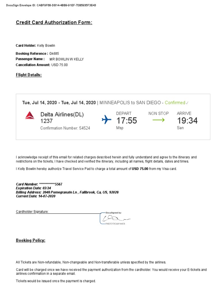 Delta Airlines (DL) 1237: Credit Card Authorization Form | PDF | Fare ...