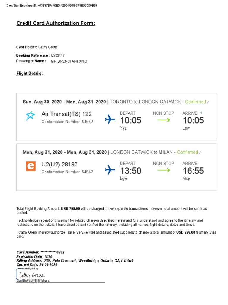 Air Transat (TS) 122: Credit Card Authorization Form | PDF | Airlines ...