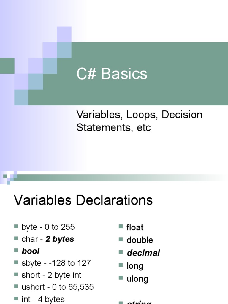 C# Basics: Variables, Loops, Decision Statements, Etc | PDF | Class (Computer Programming ...