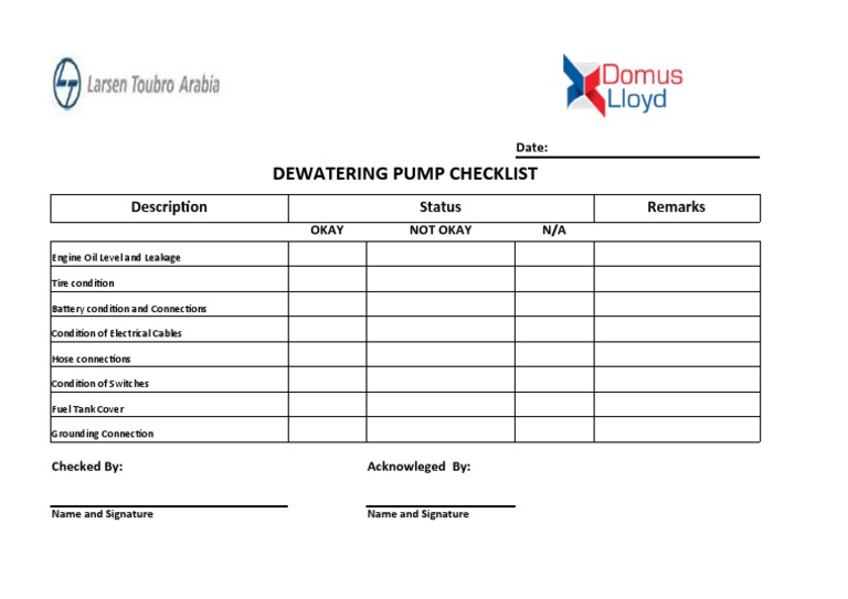 Dewatering Pump Checklist: Description Status Remarks | PDF