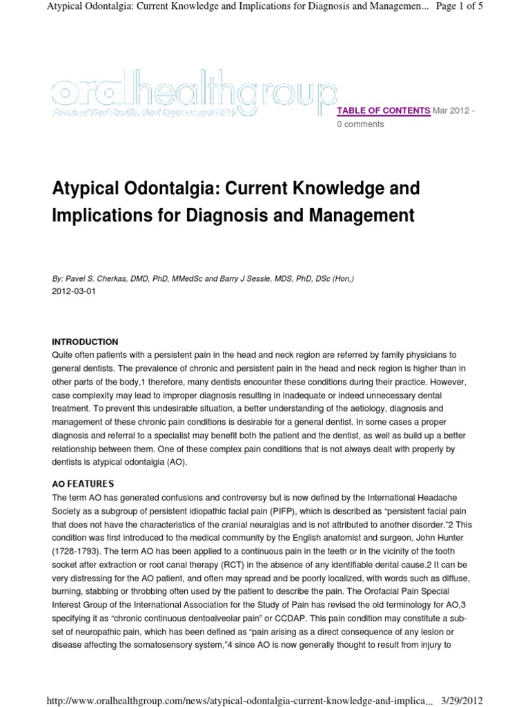 Atypical Odontalgia Current Knowledge and Implications For Diagnosis ...