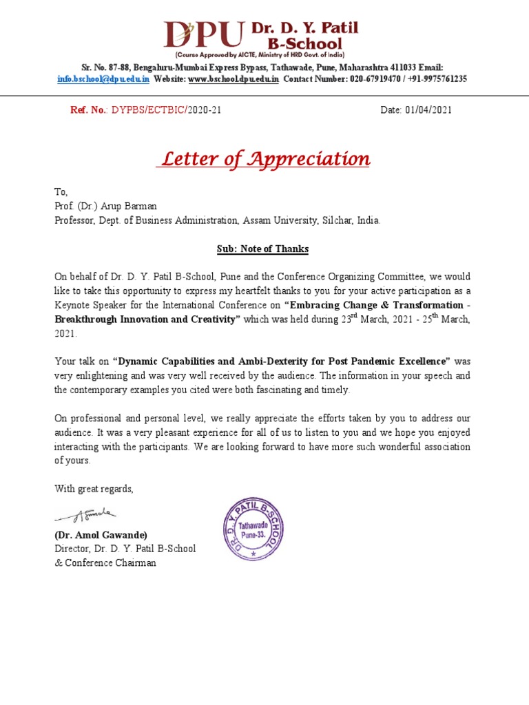 Letter of Appreciation To Dr. Arup Burman | PDF