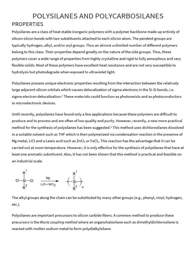 Polysilanes and Polycarbosilanes: Properties | PDF | Polymers | Silicon