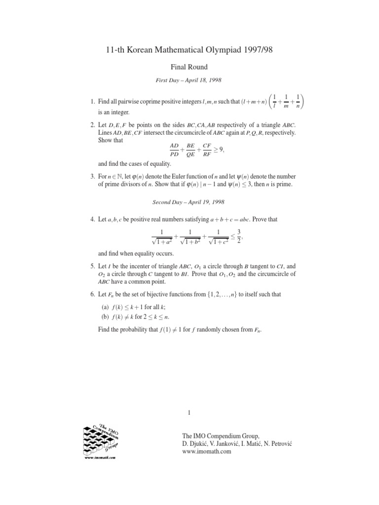 11-th Korean Mathematical Olympiad 1997/98: Final Round | PDF
