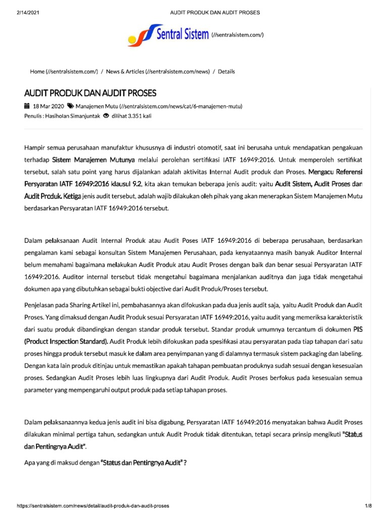 Audit Produk Dan Audit Proses | PDF