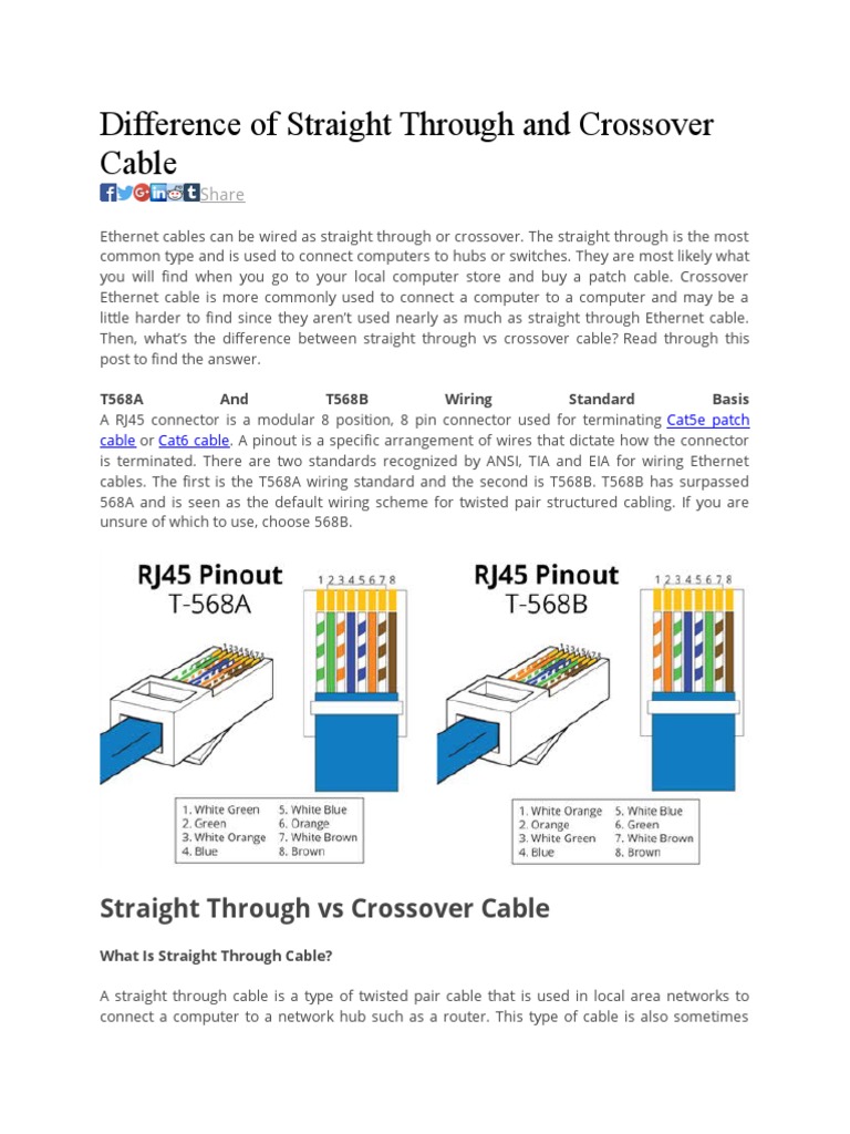 Difference of Straight Through and Crossover Cable | PDF | Electrical ...
