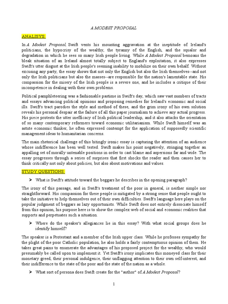 A Biting Satire: Analysis of Jonathan Swift's 'A Modest Proposal' | PDF