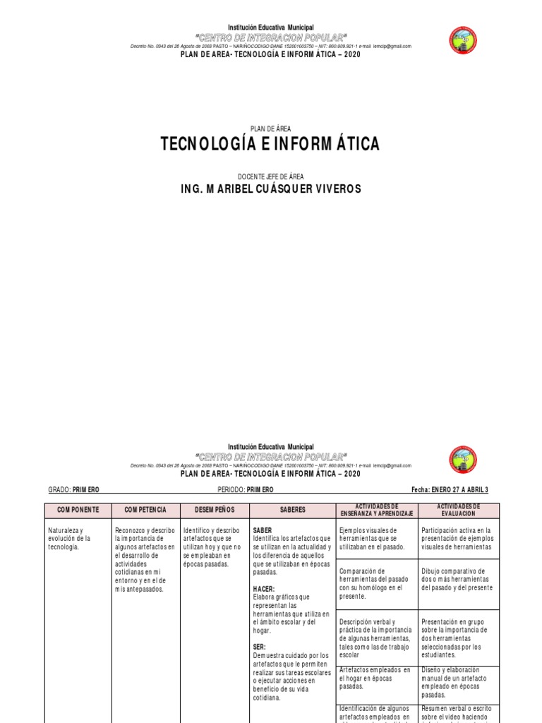 Plan de Area Tecnologia e Informatica 2020 | PDF | Evaluación | Diseño