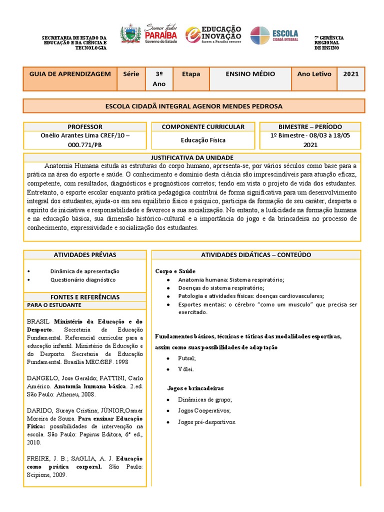 Guia de Aprendizagem 3º Ano 2021 | PDF | Natureza humana | Aprendizado