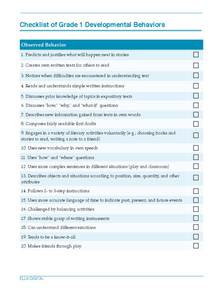 Checklist of Grade 1 Developmental Behaviors: Observed Behavior | PDF ...