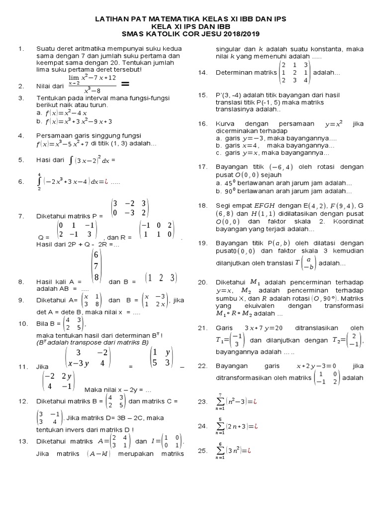 Latihan Pat Matematika Kelas Xi Ibb Dan Ips | PDF