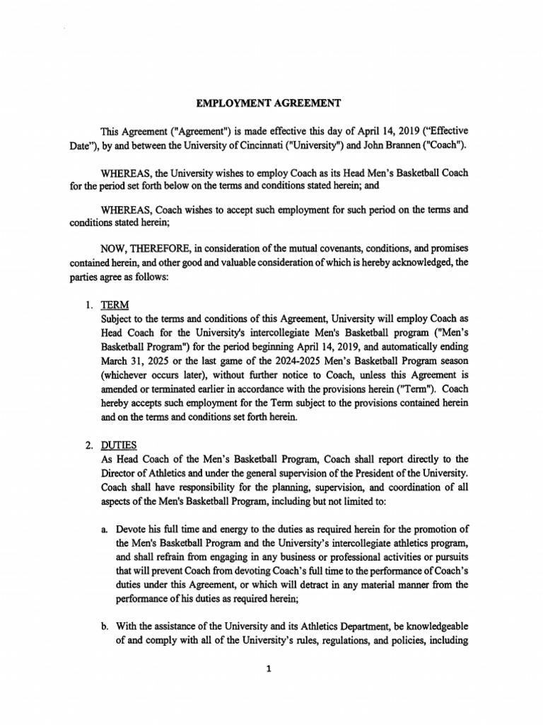 University of Cincinnati Head Basketball Coach John Brannen's Executed Contract | PDF
