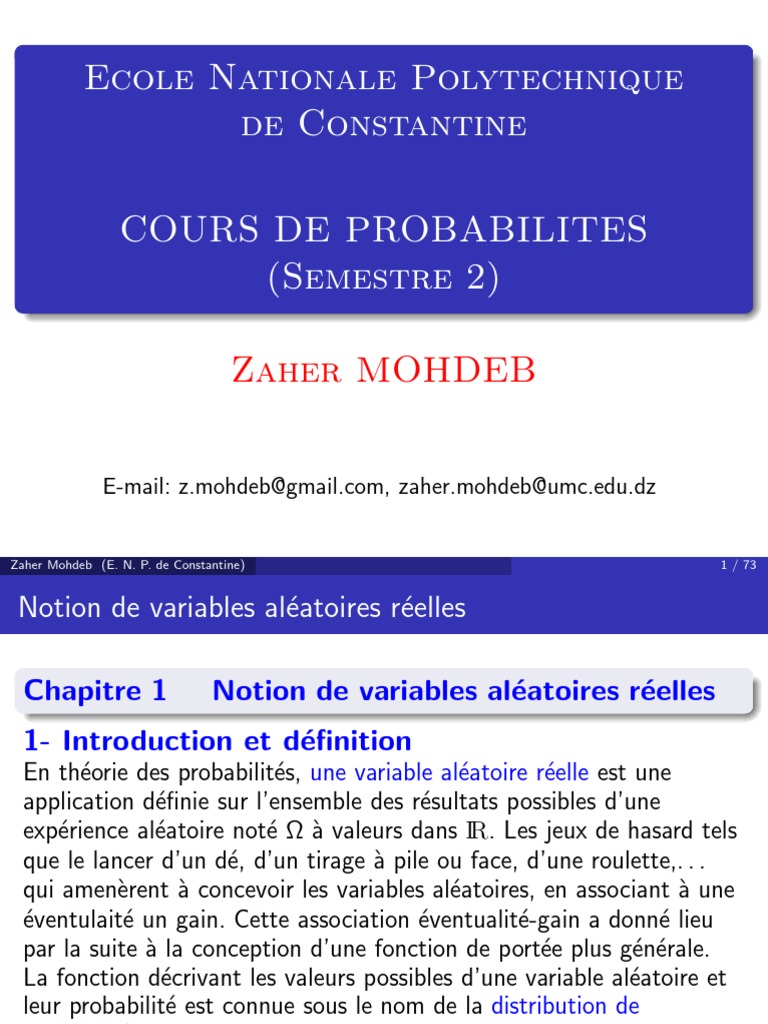 Chap 1 Proba-2 S2 | PDF | Théorie des probabilités | Variable aléatoire