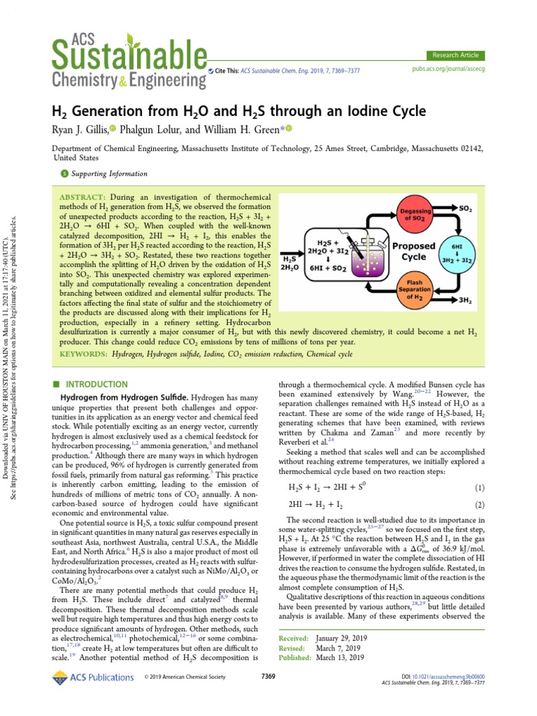 H2 Generation From H2O and H2S Through An Iodine Cycle | PDF | Sulfuric ...