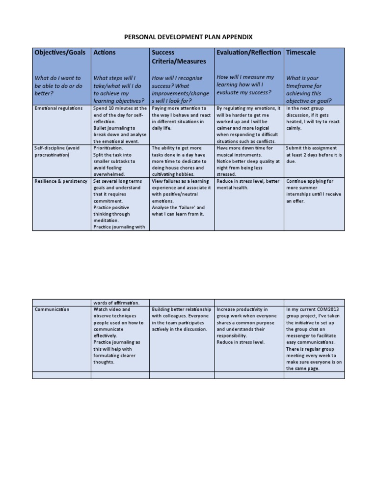 Personal Development Plan Appendix | PDF | Goal | Psychological Resilience