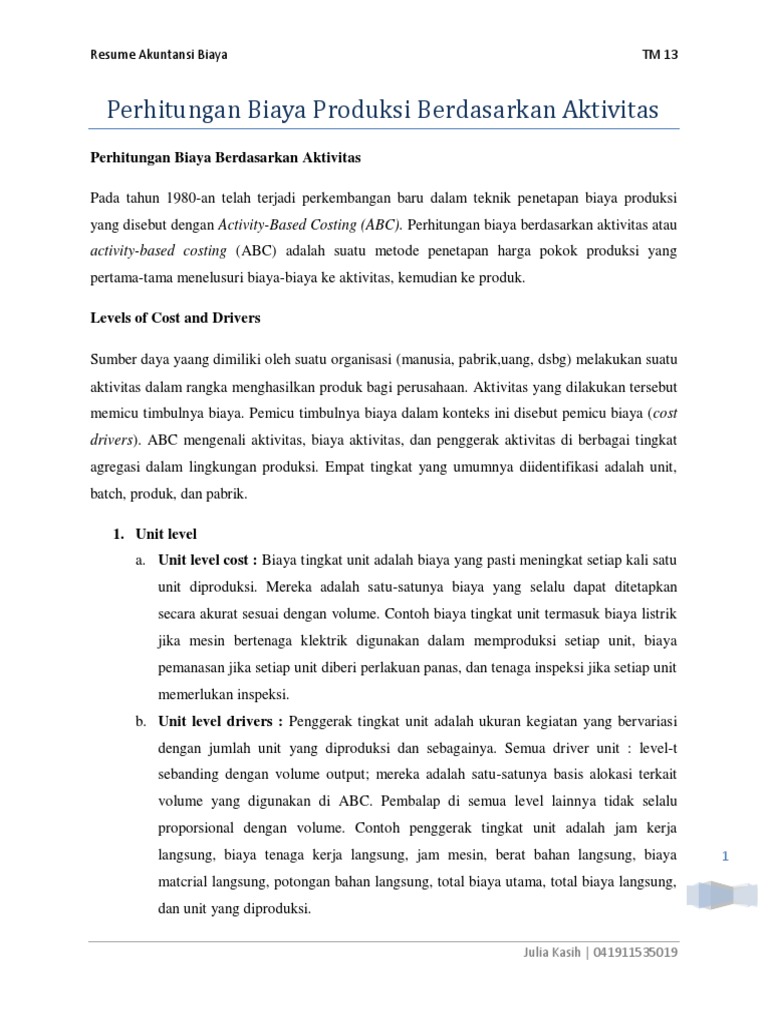 Resume AKBI TM 13 Perhitungan Biaya Produksi Berdasarkan Aktivitas | PDF