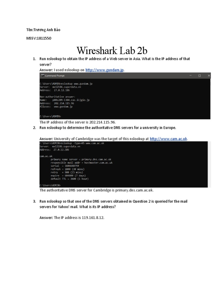 Wireshark Lab 2b: I Used Nslookup On | PDF | Domain Name System | Port (Computer Networking)