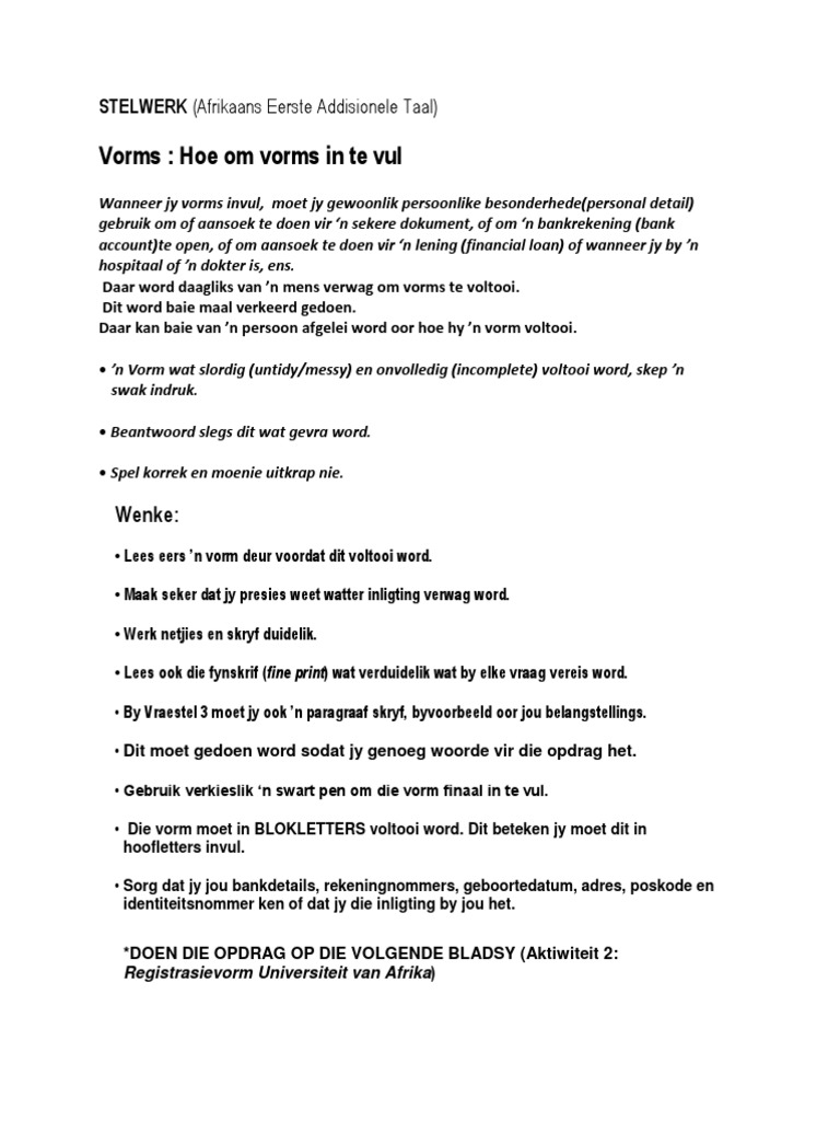 Invul Van Vorms Stelwerk | PDF