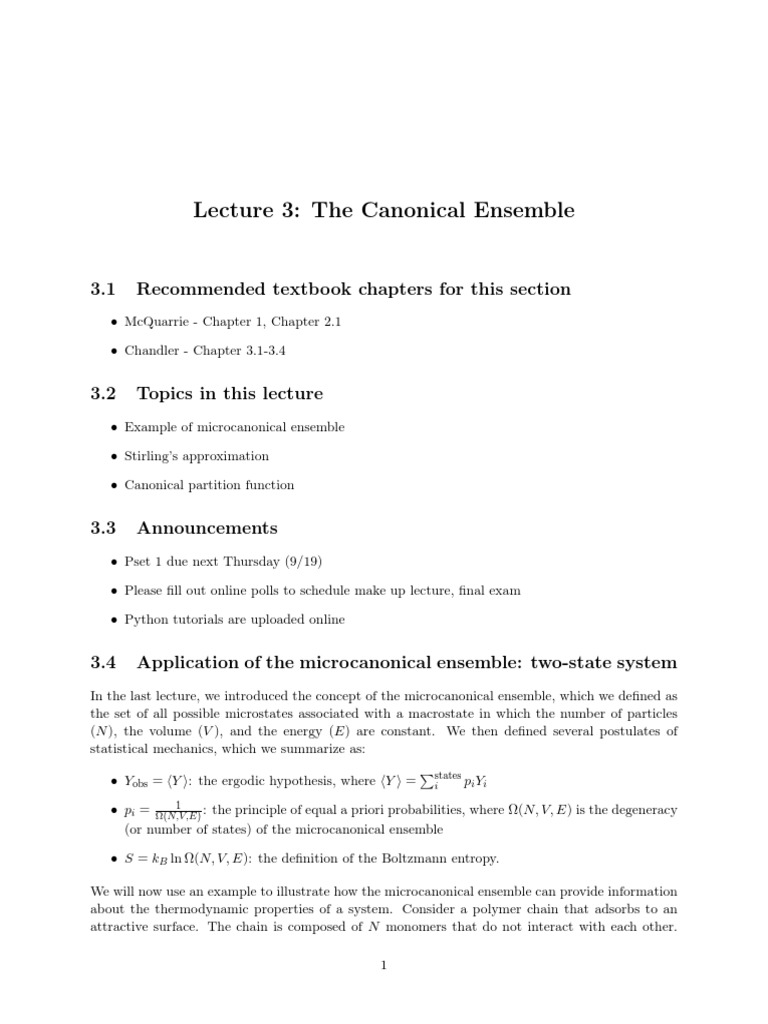 Lecture 3: The Canonical Ensemble: 3.1 Recommended Textbook Chapters ...