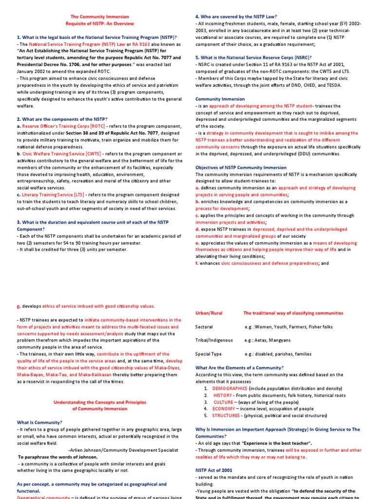 The Community Immersion Requisite of NSTP: An Overview | PDF | Needs ...
