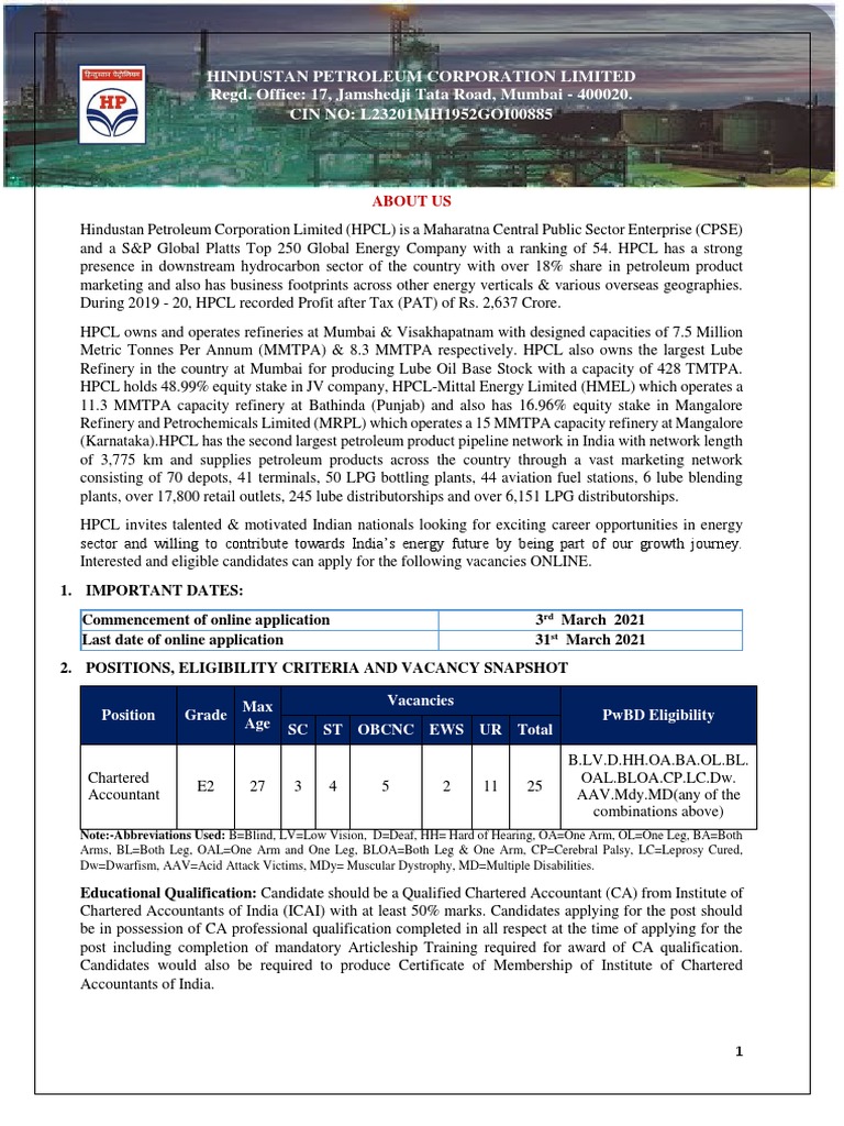 Advertisement - HPCL - 2021 - CA | PDF | Business