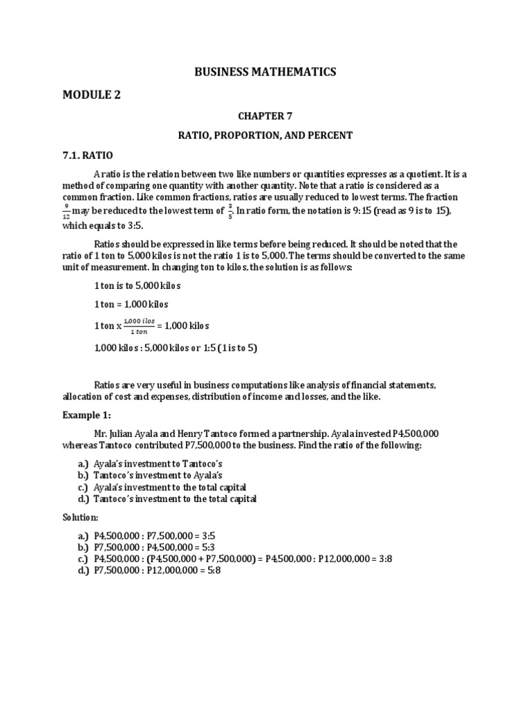 Business Mathematics: Ratio, Proportion, and Percent 7.1. RATIO | PDF ...
