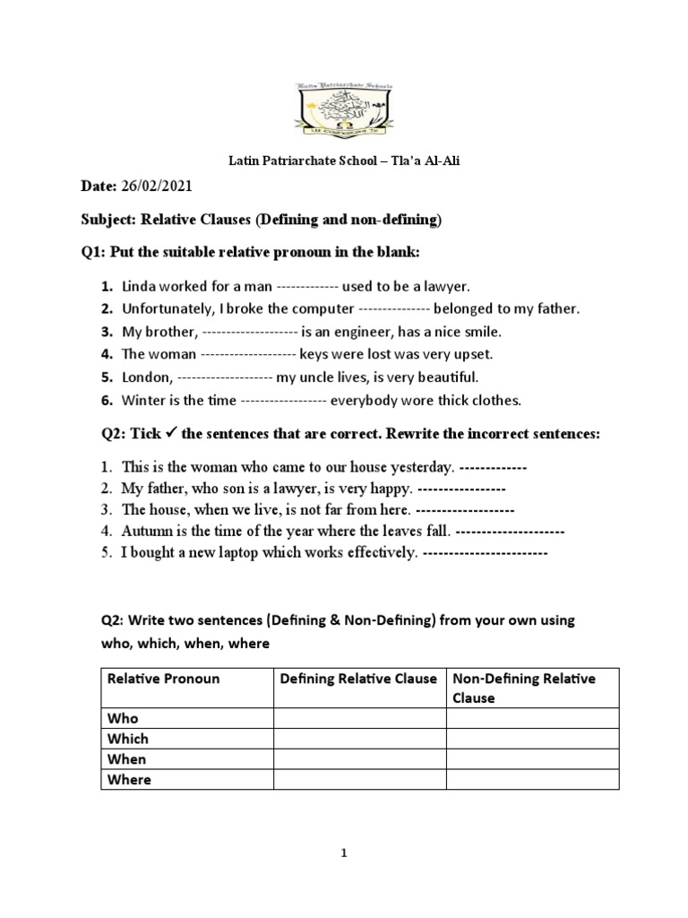 Relative Clauses Defining & Non-Defining Worksheet | PDF