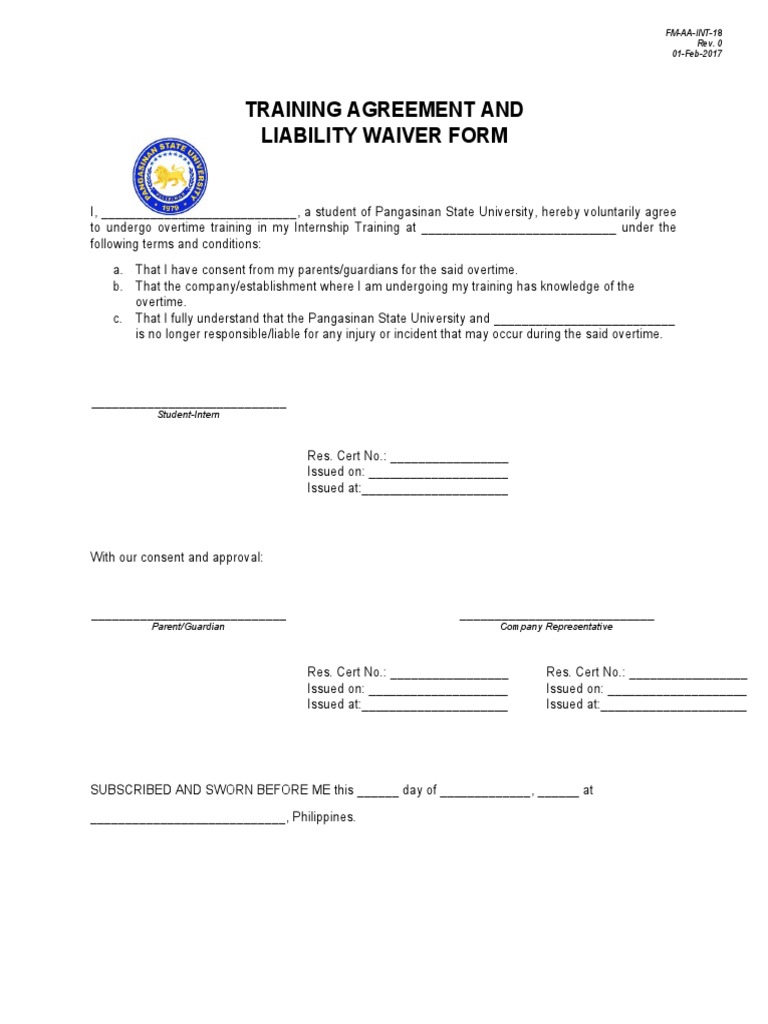 Training Agreement and Liability Waiver Form: Student-Intern | PDF