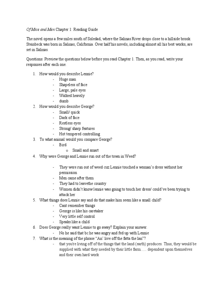Of Mice and Men Chapter 1: Reading Guide | PDF | Mystery, Thriller ...