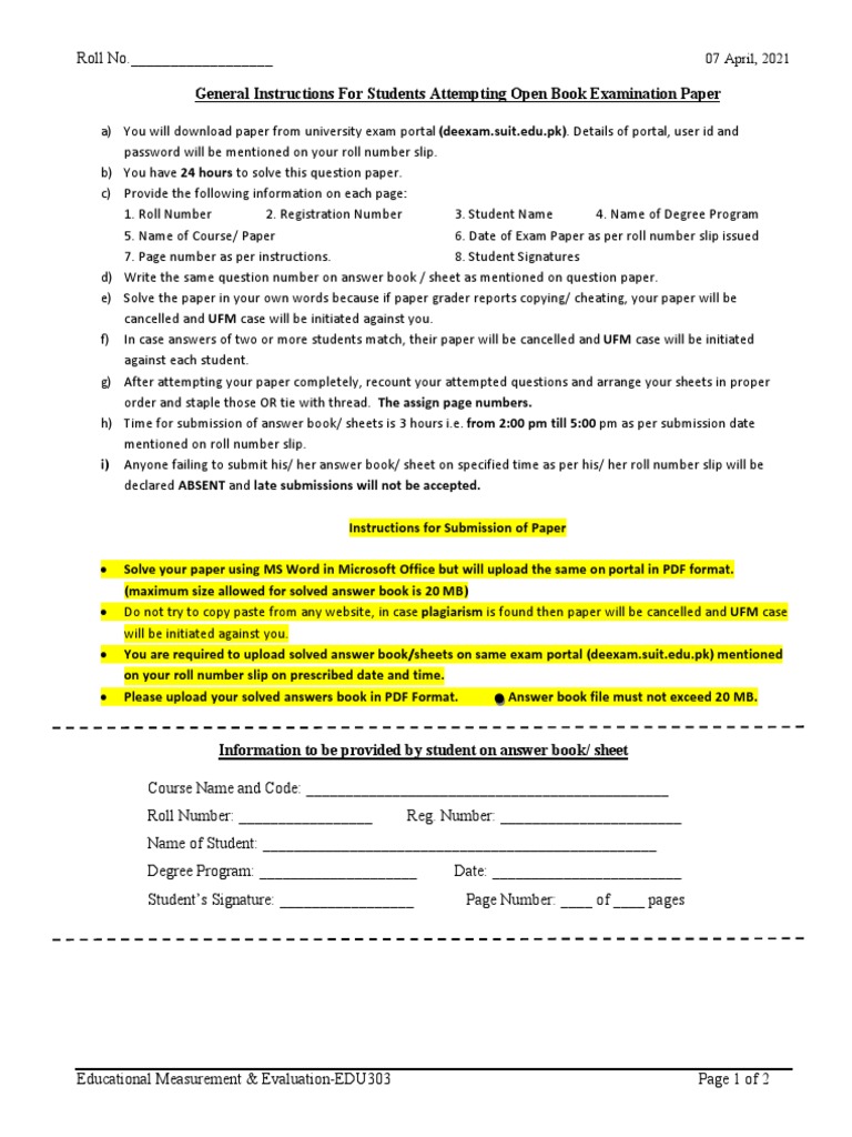 Open Book Exam Instructions for EDU303 | PDF | Test (Assessment) | Books