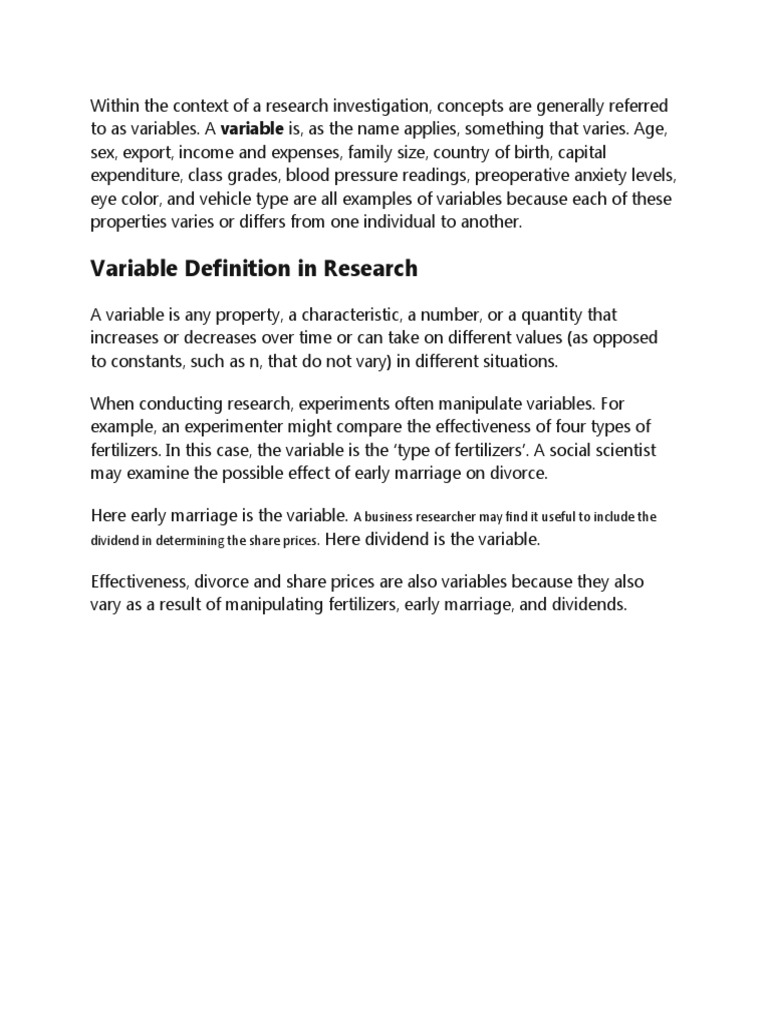 Variables in Research: Types, Definitions and Examples | PDF ...