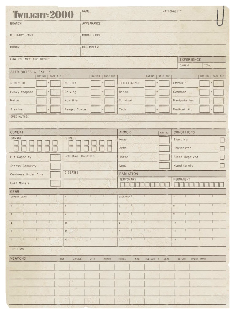 T2K 4e Alpha - Character Sheet | PDF | Military | Leisure
