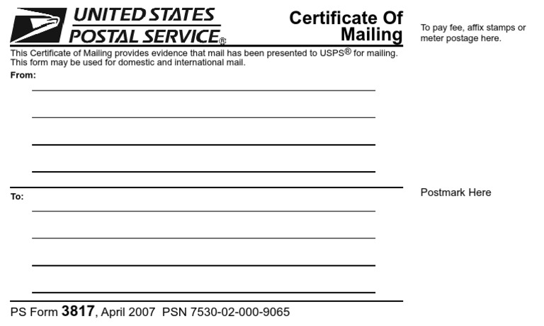 Certificate of Mailing ps3817 | PDF