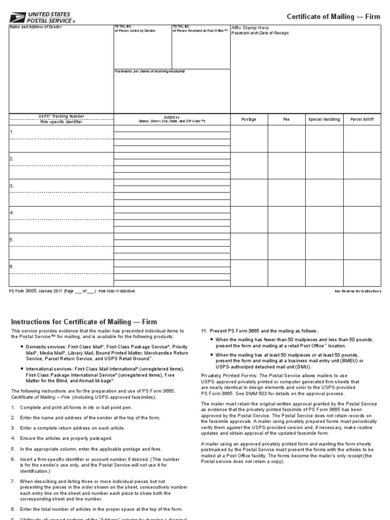 Certificate of Mailing - Firm ps3665 | PDF | United States Postal ...