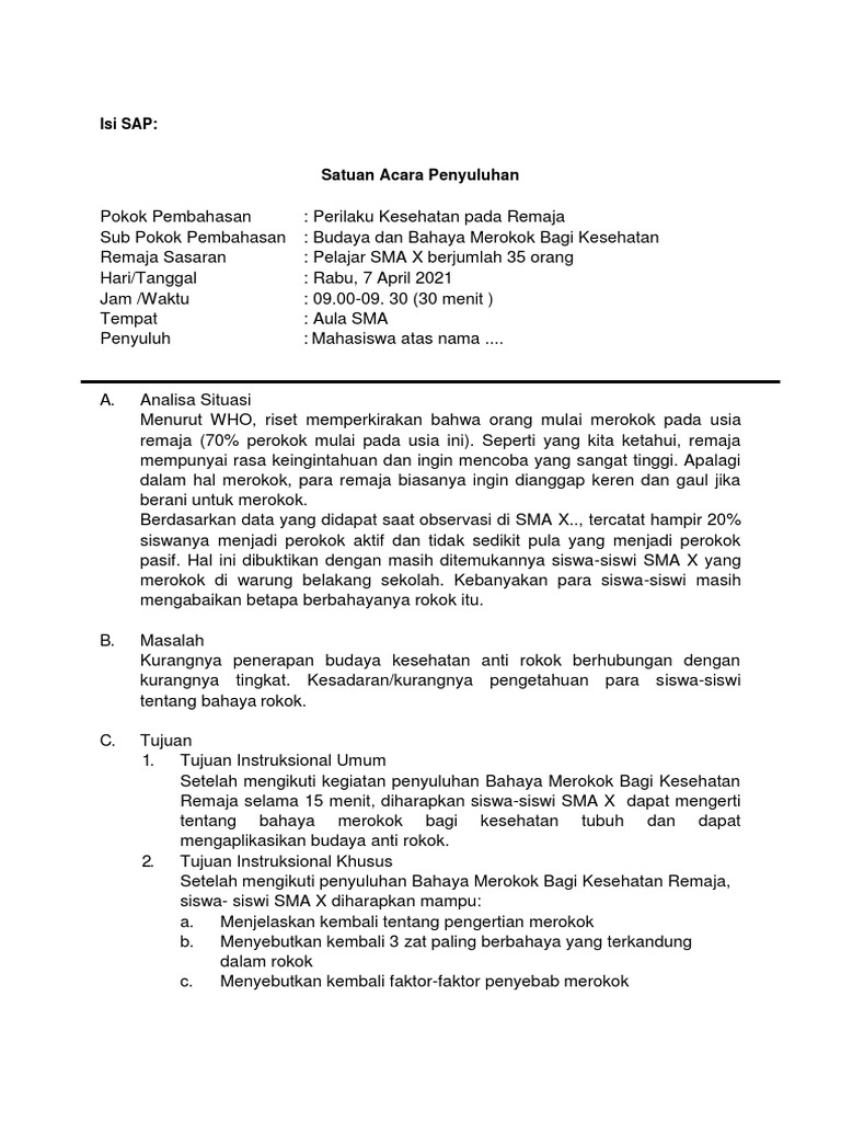 Contoh Sap Kesehatan Remaja | PDF