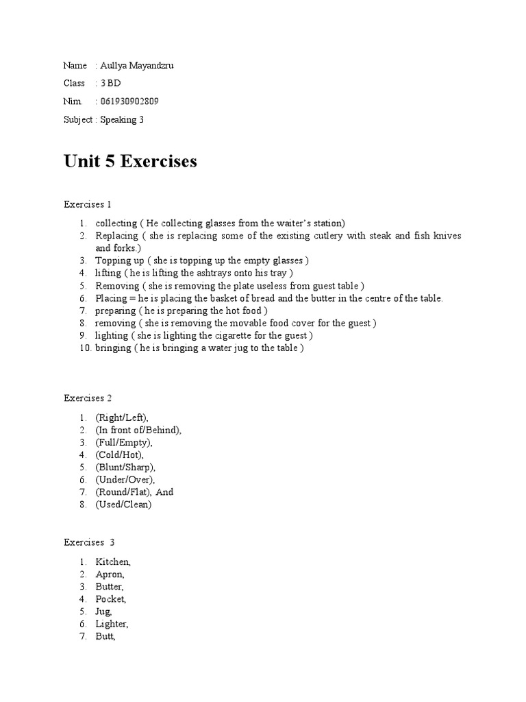 Unit 5 Exercise | Download Free PDF | Entrée | Foods