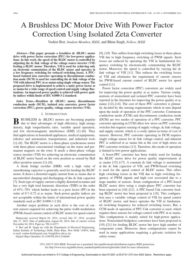 A Brushless DC Motor Drive With Power Factor Correction Using Isolated ...