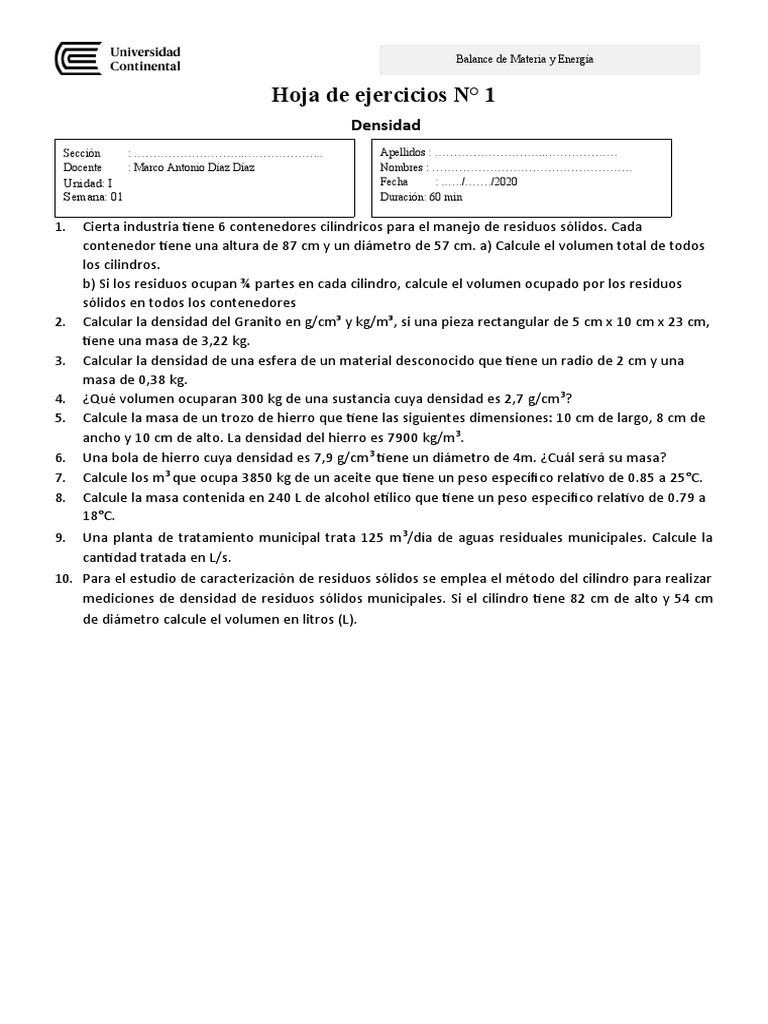 Semana01 Hoja de Ejercicios 1 Densidad | PDF