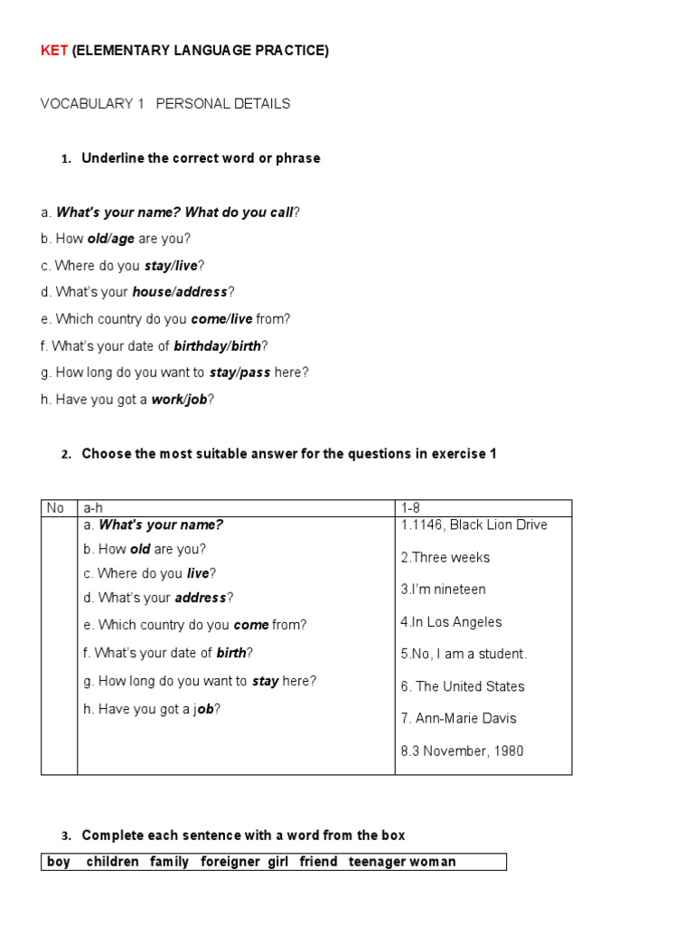 Personal Information Vocabulary Practice | PDF