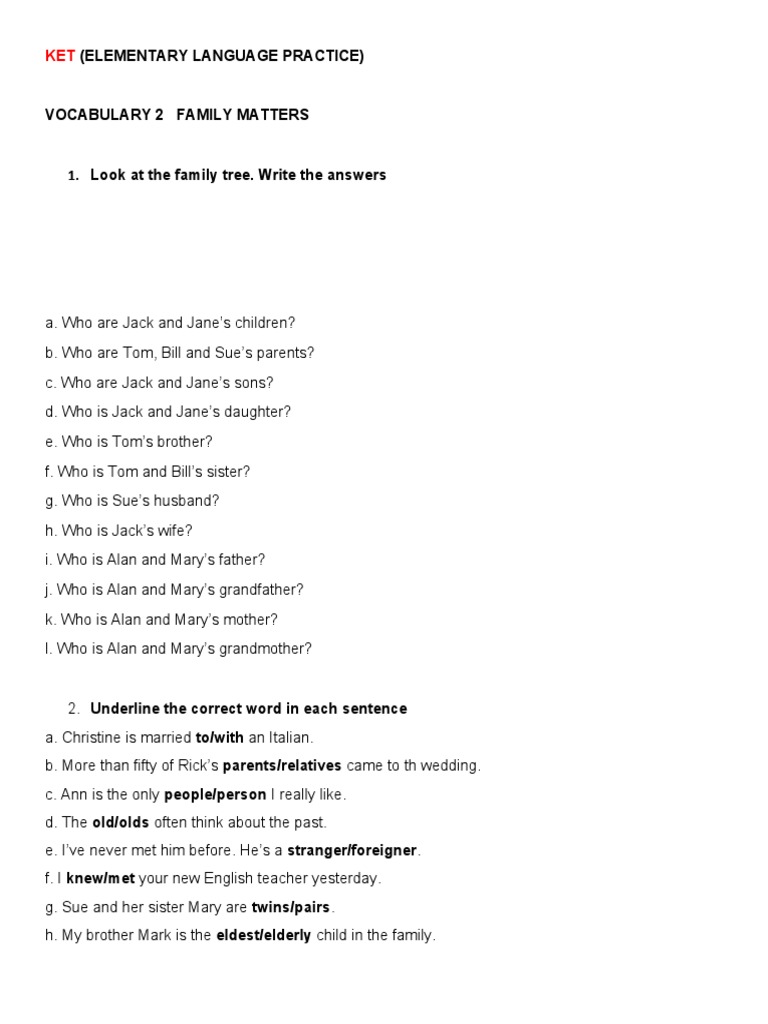 Family Vocabulary Practice for KET | PDF | Language Arts & Discipline ...