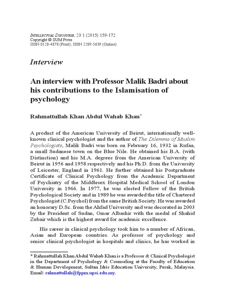 An Interview With Professor Malik Badri About His | PDF | Behaviour ...