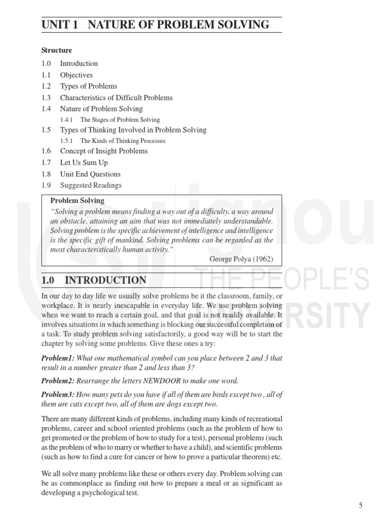 Unit 1 Nature of Problem Solving: Structure | PDF | Insight | Metacognition