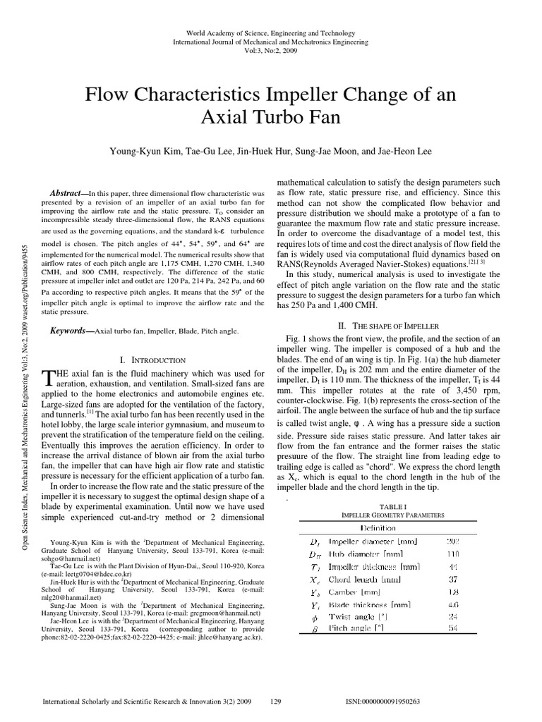 Flow Characteristics Impeller Change of An Axial Turbo Fan | PDF | Fluid Dynamics | Rotation ...
