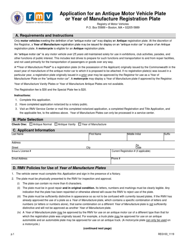 Application For An Antique Motor Vehicle Plate or Year of Manufacture ...