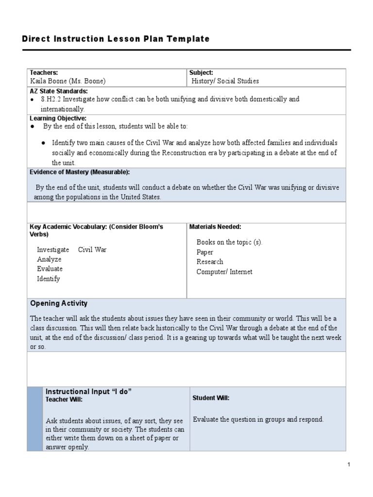 Direct Instruction Lesson Plan Template: Teachers: Subject: AZ State ...