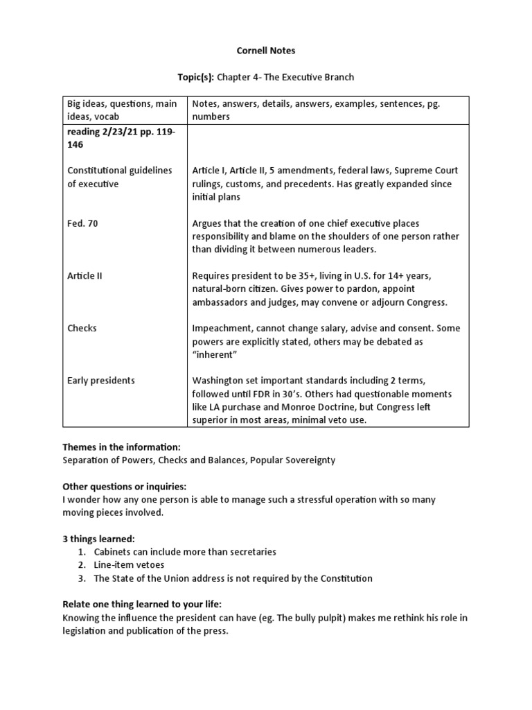 Cornell Notes Topic(s) : Chapter 4-The Executive Branch | PDF ...