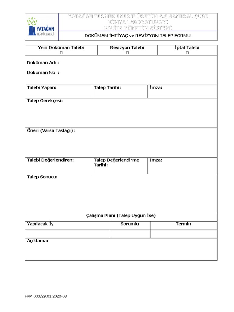 Excel Satın Alma Talep Formu şablonu